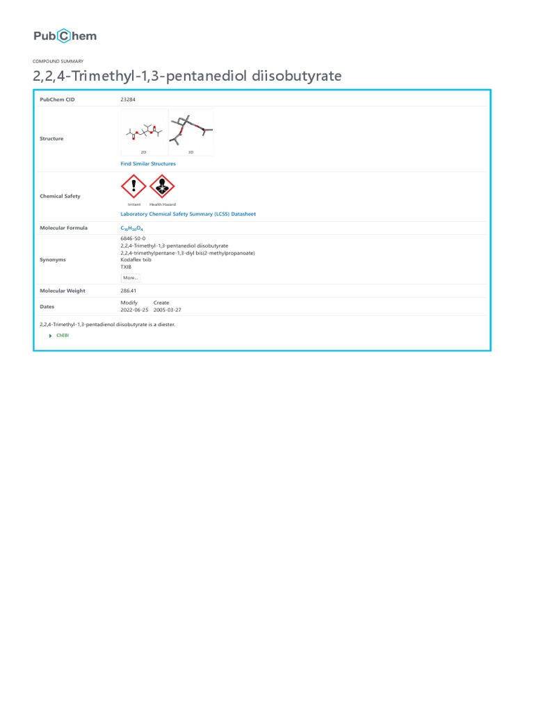 2,2,4-Trimetil-1,3-Pentanediol Diisobutirato - C16H30O4 - PubChem | PDF ...