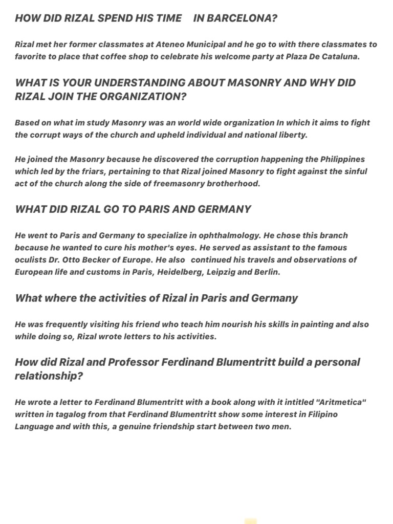 How Did Rizal Spend His Time in Barcelona | PDF