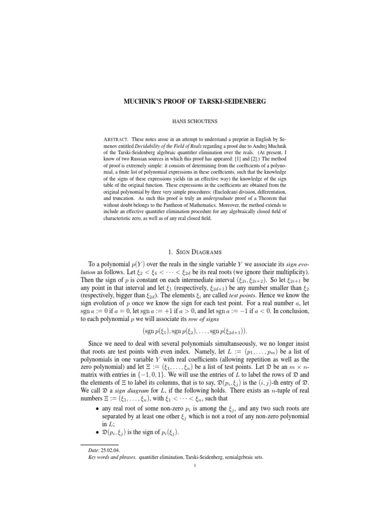 Muchnik's Proof of Tarski-Seidenberg | PDF | Field (Mathematics ...