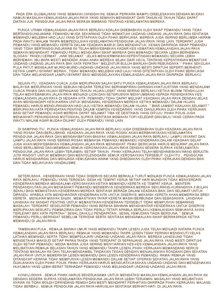 Tips Karangan UPSR, PT3, SPM - CONTOH KARANGAN KEMALANGAN JALAN RAYA | PDF