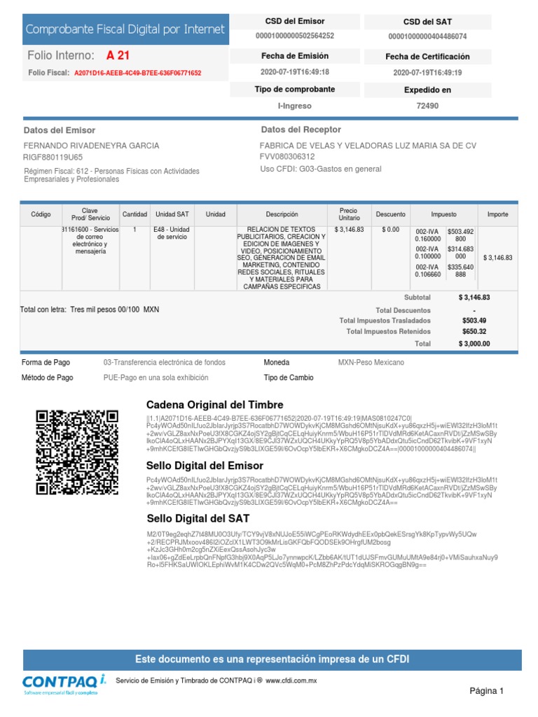 Folio Interno:: Comprobante Fiscal Digital Por Internet | PDF