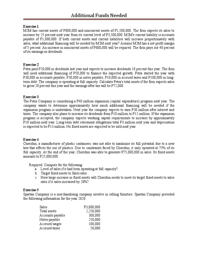 Additional Funds Needed - Exercises - Questions | PDF | Balance Sheet ...