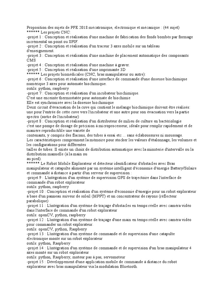 Proposition Des Sujets de PFE 2018 Mécatronique | PDF