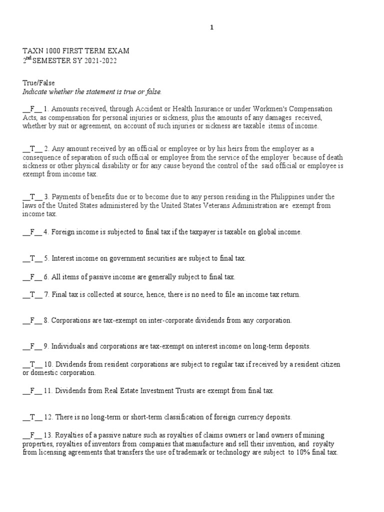Taxation Exam Review: True/False & MCQ | PDF | Taxes | Capital Gains Tax