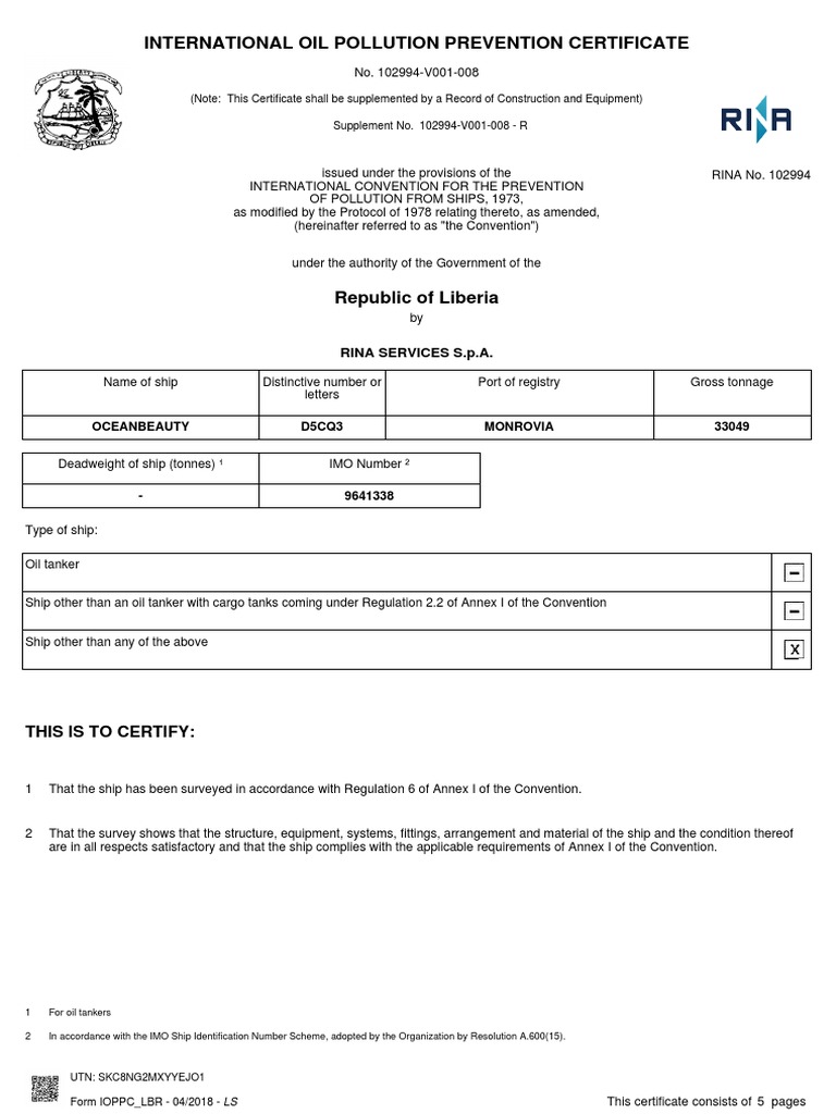 IOPP + Form R | PDF | Ships | Oil Tanker