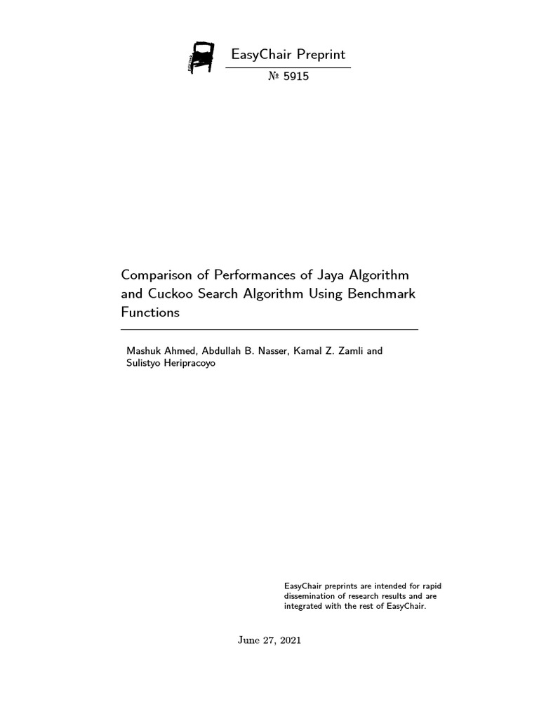 Comparison of Performances of Jaya Algorithm and Cuckoo Search Algorithm Using Benchmark ...
