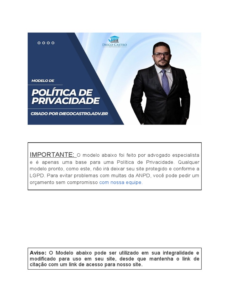 Modelo de Política de Privacidade e Segurança (Pronto para Usar) | PDF ...