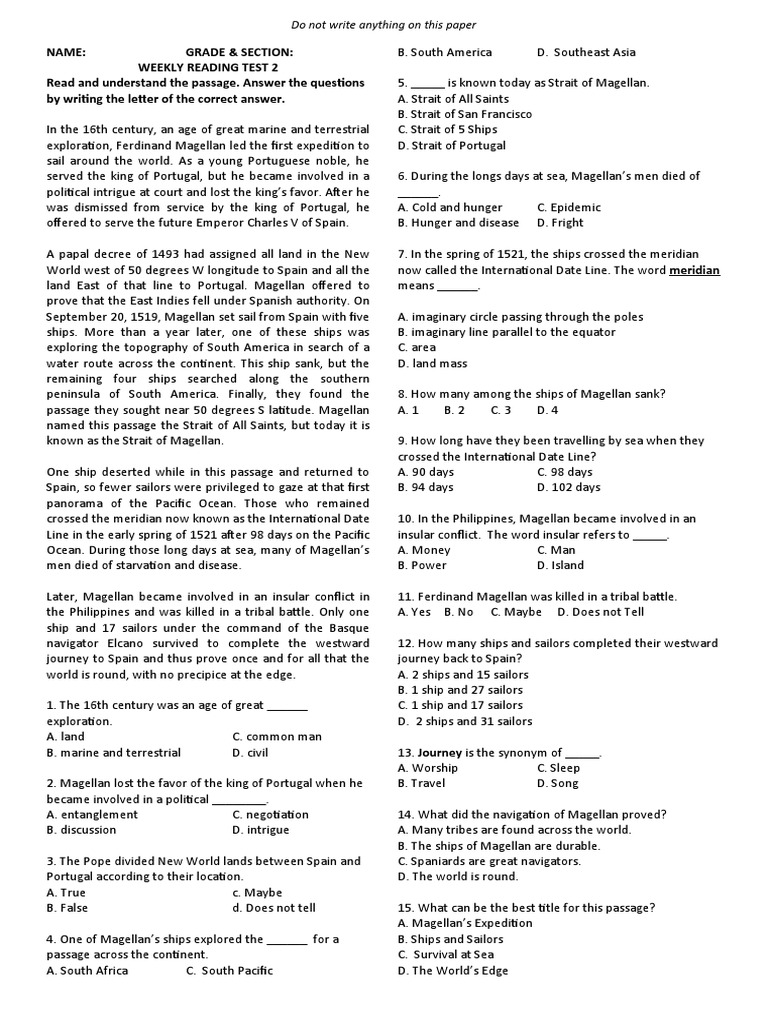 Weekly Reading Test 2 | PDF | Pacific Ocean | Field Research