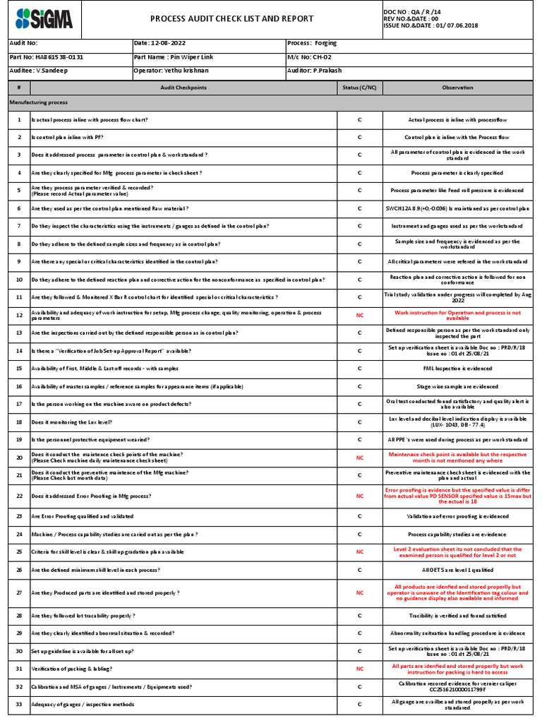Process Audit Report for Forging | PDF | Audit | Business