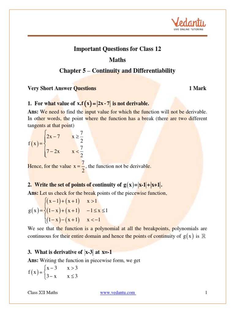 Important Questions For CBSE Class 12 Maths Chapter 5 | PDF | Function ...