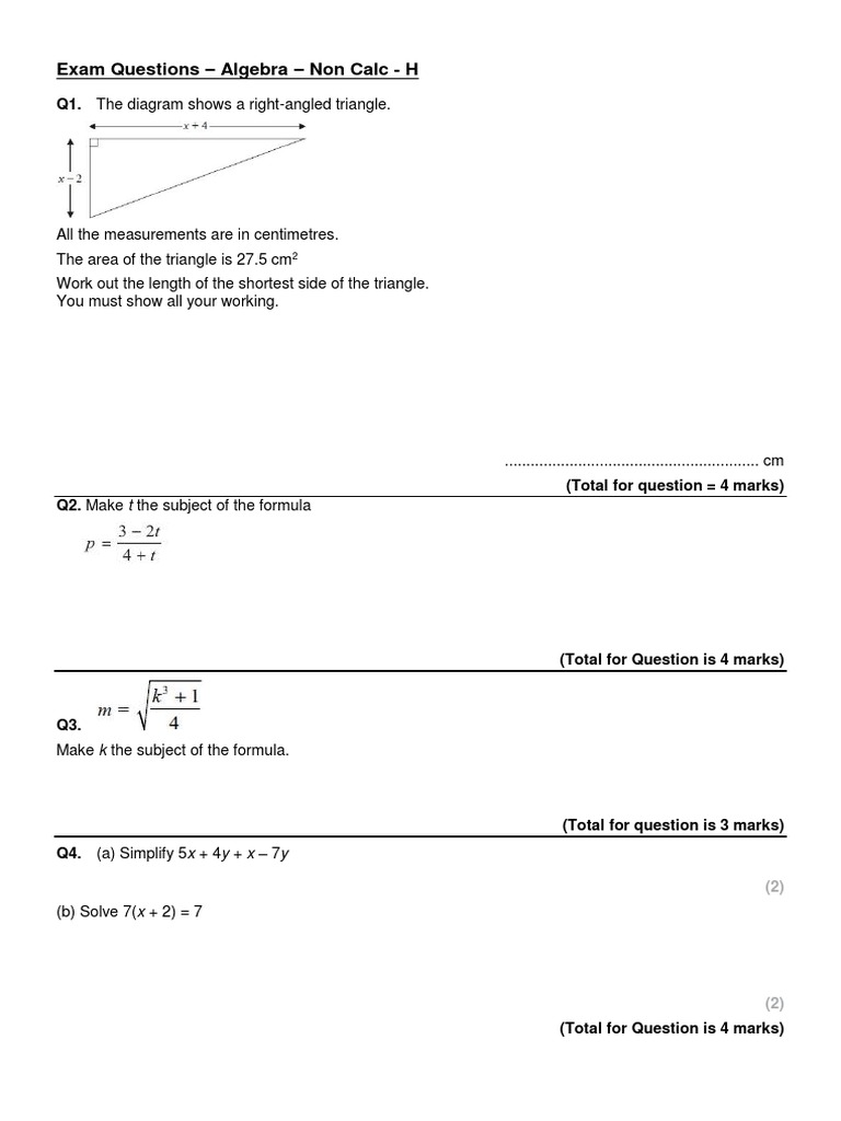 Algebra Exam Qs - Non-Calc - Crossover&Higher | PDF | Triangle | Area