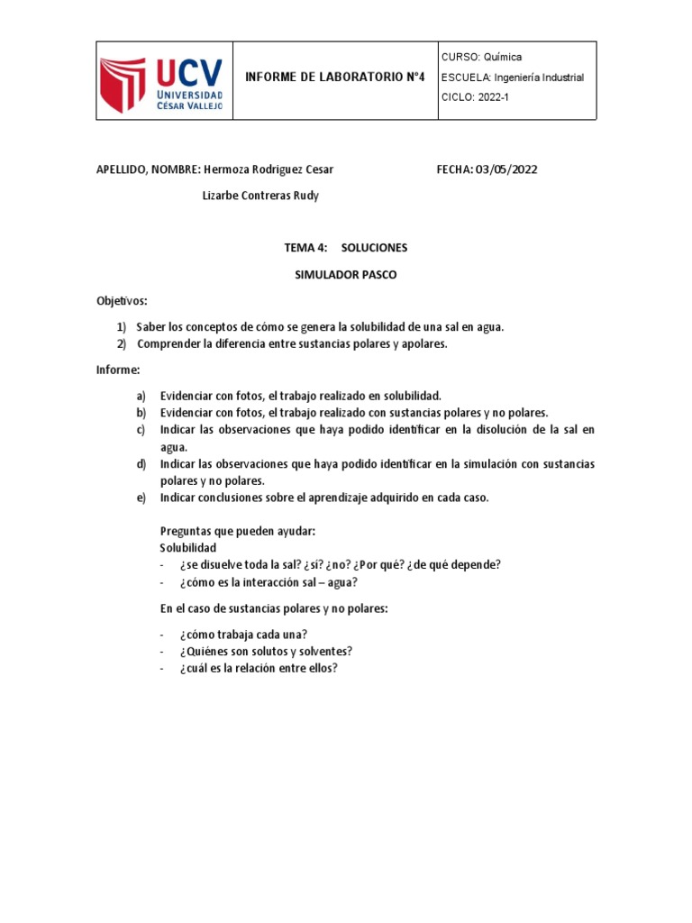 Informe de Laboratorio 4 | PDF | Polaridad química | Solubilidad