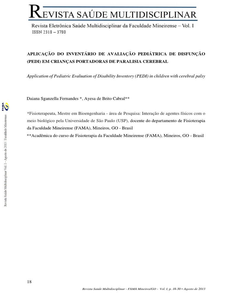 Art. 2 APLICACAO DO INVENTARIO DE AVALIACAO PEDIATRICA DE DISFUNCAO ...