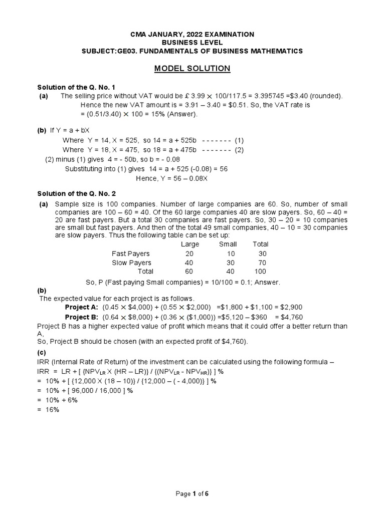 GE03. BM BL Solution CMA January 2022 Examination | PDF | Regression Analysis | Dependent And ...