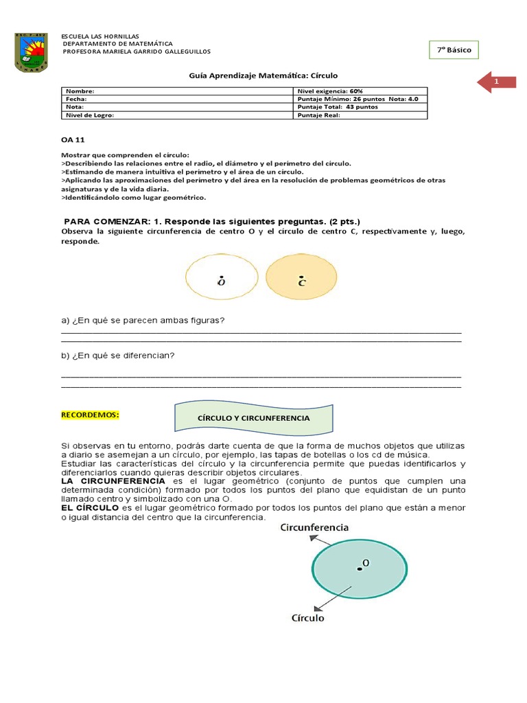 Guía Evaluada 7º Básico Círculo | PDF