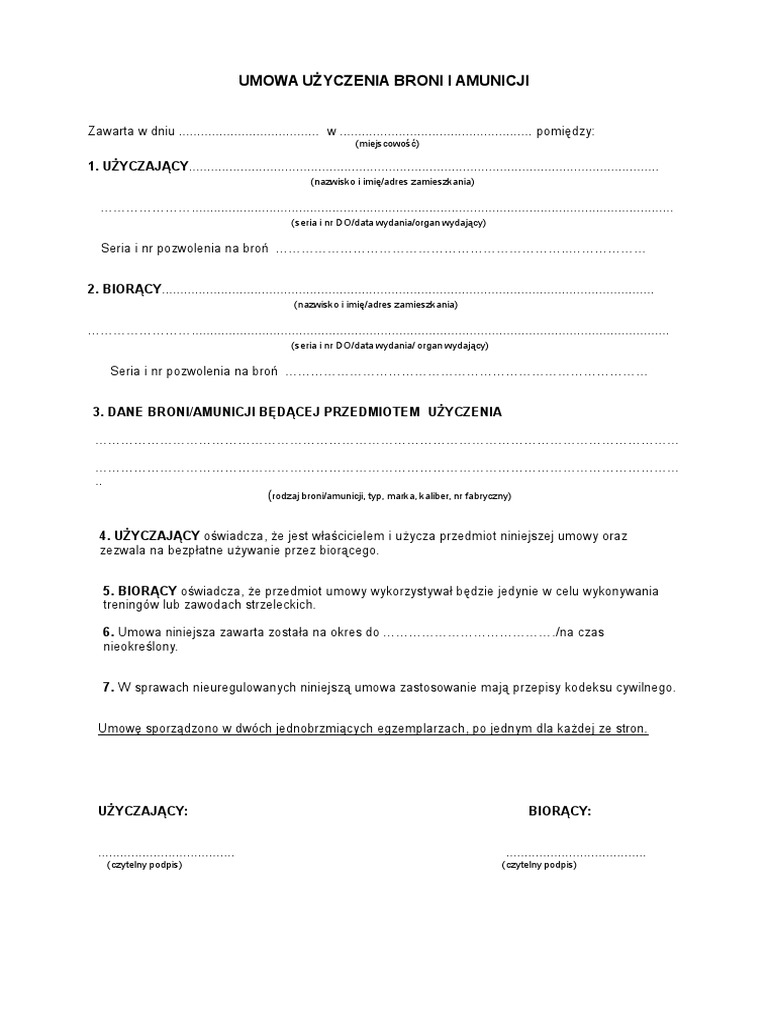 Umowa Użyczenia Broni | PDF