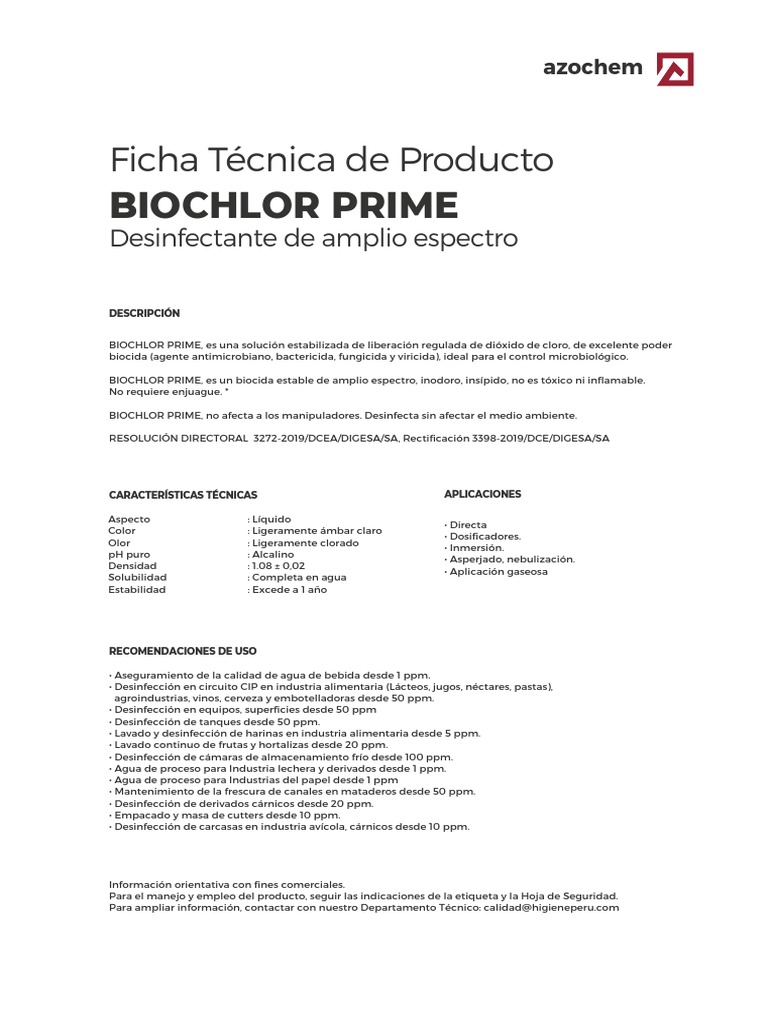 Especificaciones Biochlor Prime | PDF | Agua | Cloro