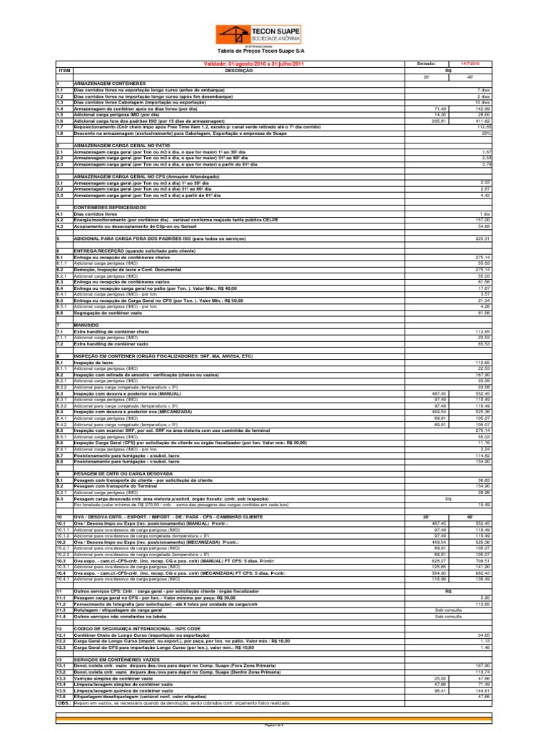 Tabela de Preços Tecon Suape | PDF | Transporte de água | Logística