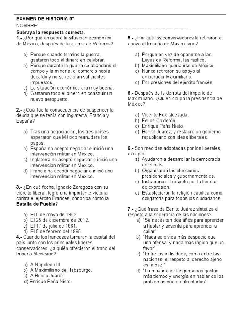 Examen de Historia 5° | PDF | México | Francia