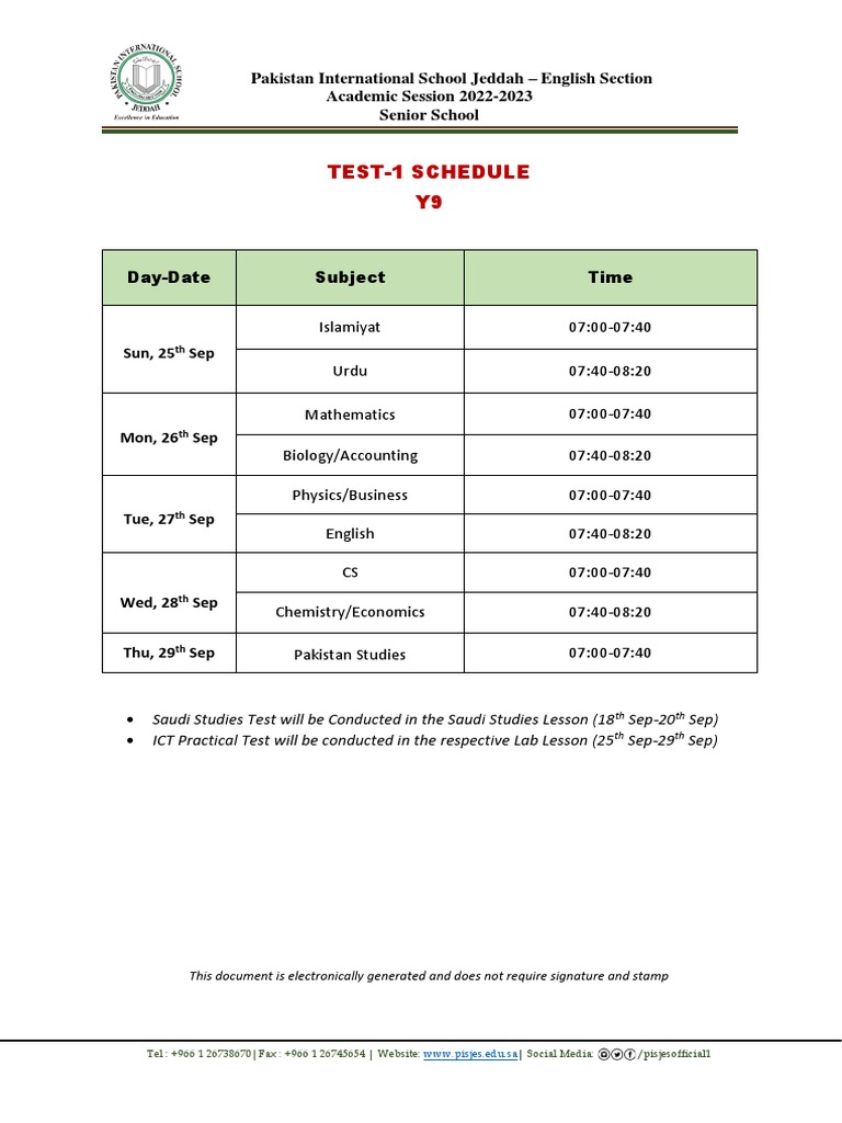 Y9 Test 1 Schedule 2022-23 | PDF