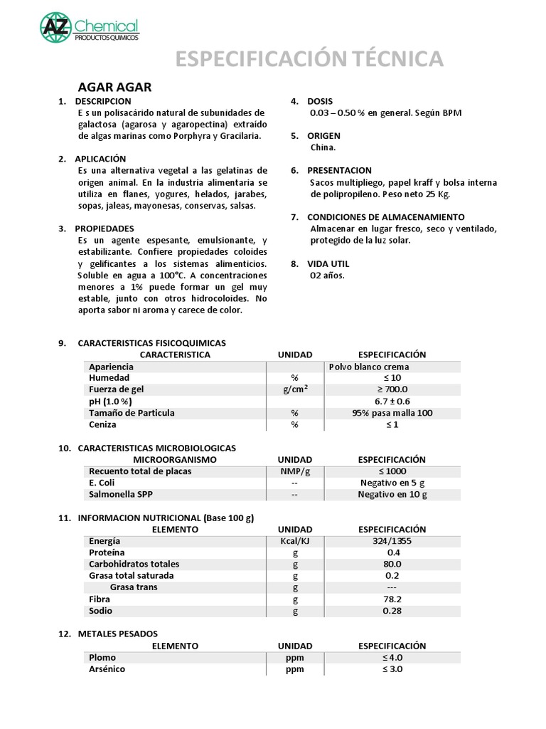 Ficha Tecnica - Agar Agar | PDF | Agar | Sustancias químicas