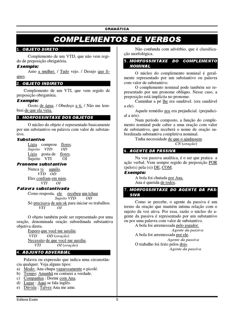 02 - Complementos de Verbos | PDF | Assunto (gramática) | Objeto ...