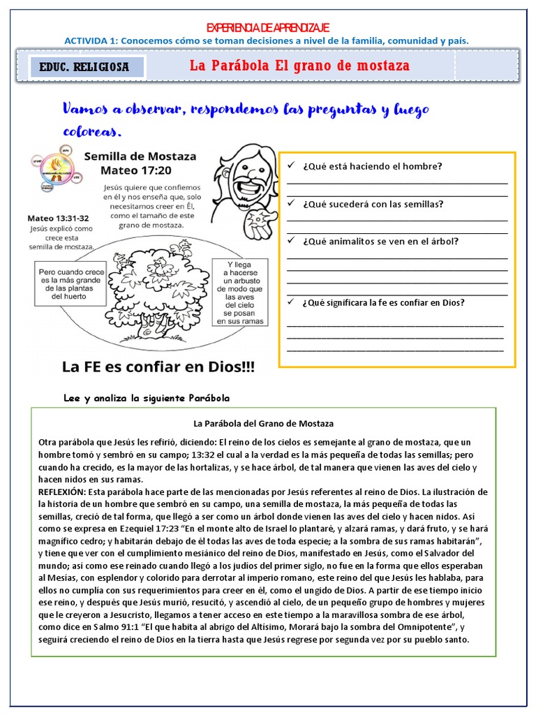 Actividades sobre la Parábola del Grano de Mostaza | PDF | Jesús ...