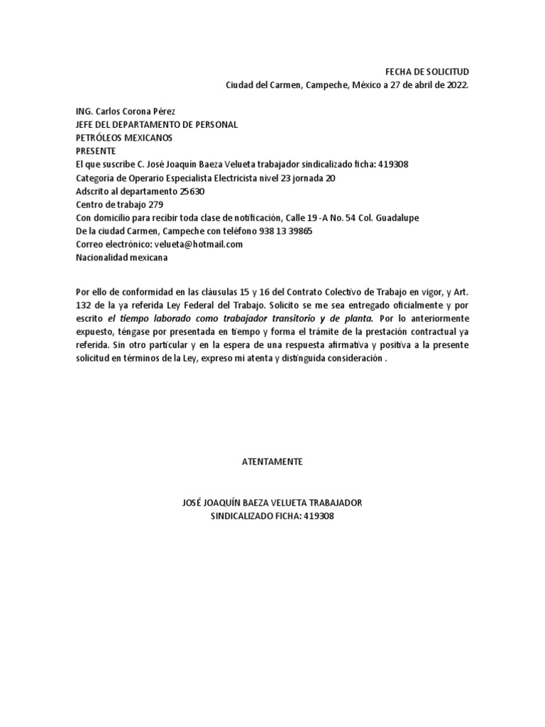 Fecha de Solicitud Tiempo Laborado | PDF