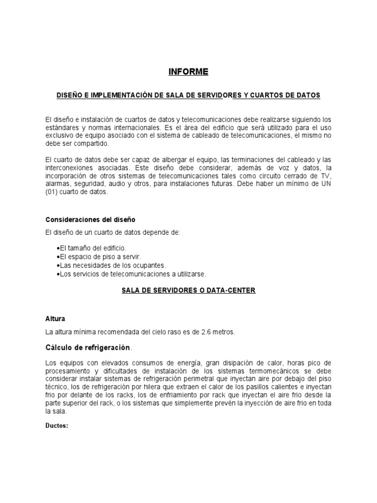 Informe - Data-Center y Cuartos de Datos | PDF | Tecnología de ...