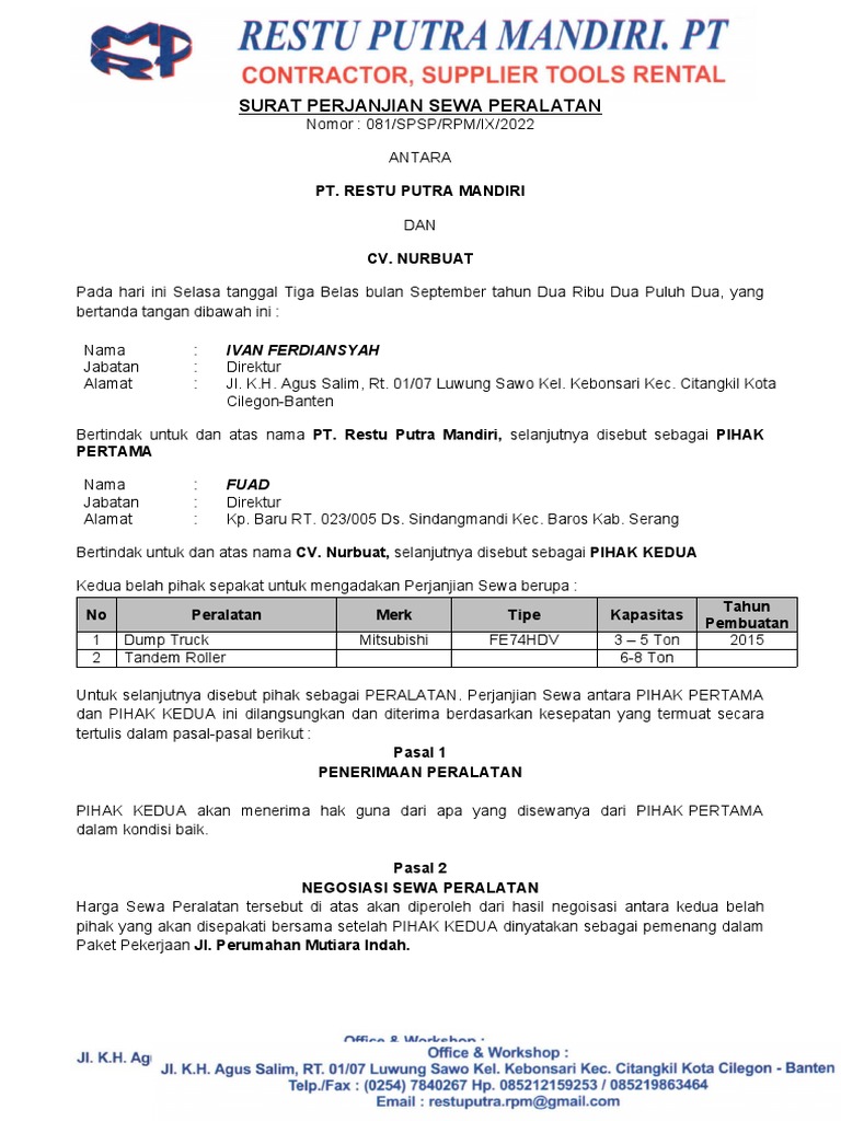 Contoh Format Duk Sewa Alat | PDF