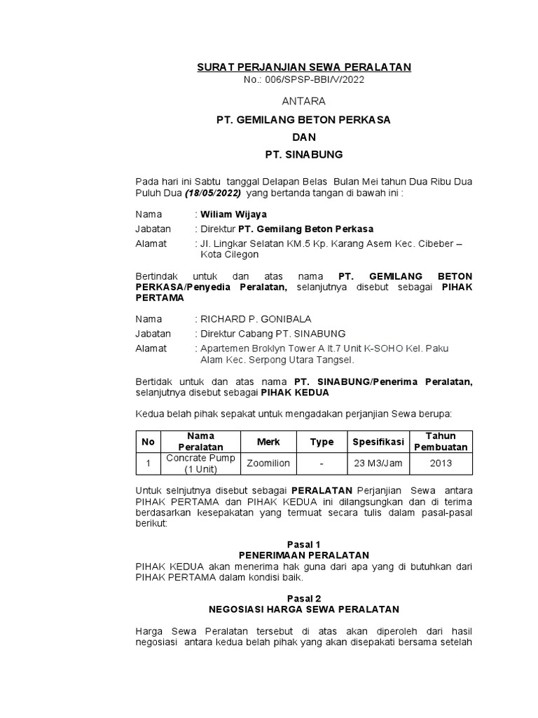 Surat Perjanjian Sewa Peralatan Bangun Beton | PDF