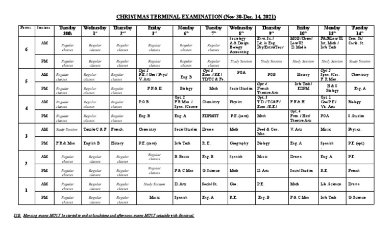 Christmas Exam Schedule 2021 | PDF