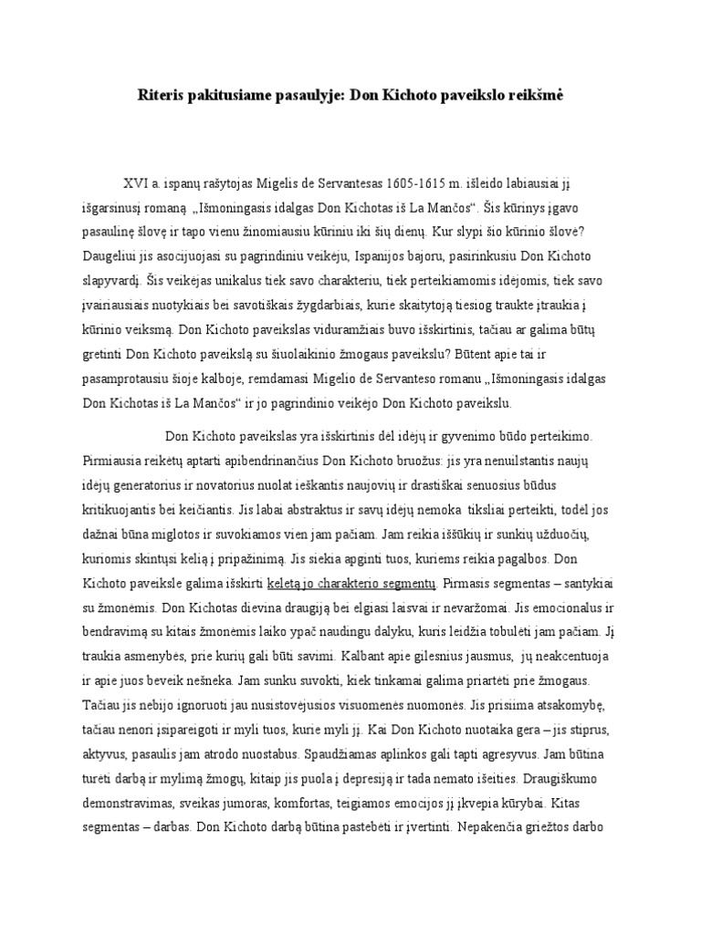 Kalba Riteris Pakitusiame Pasaulyje Don Kichoto Paveikslo Reiksmes. | PDF