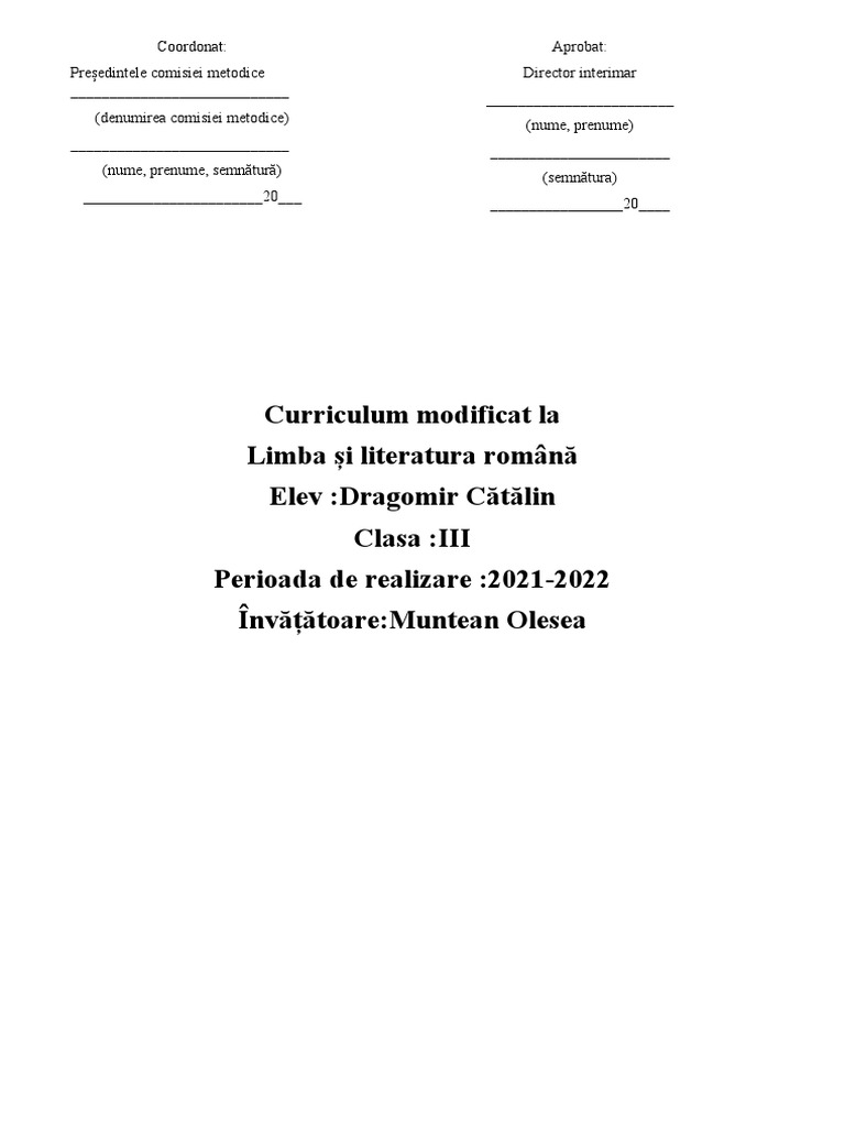 Curriculum Modificat Limba Romina 1 | PDF