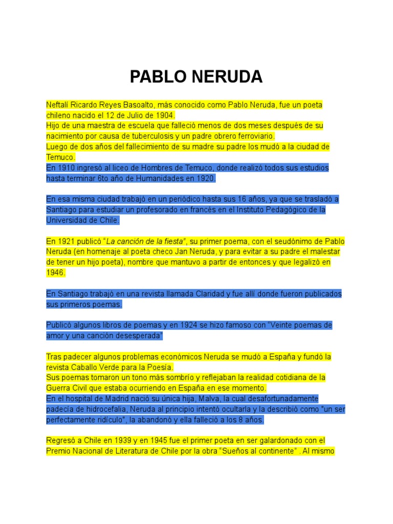 Biografía de Pablo Neruda | PDF