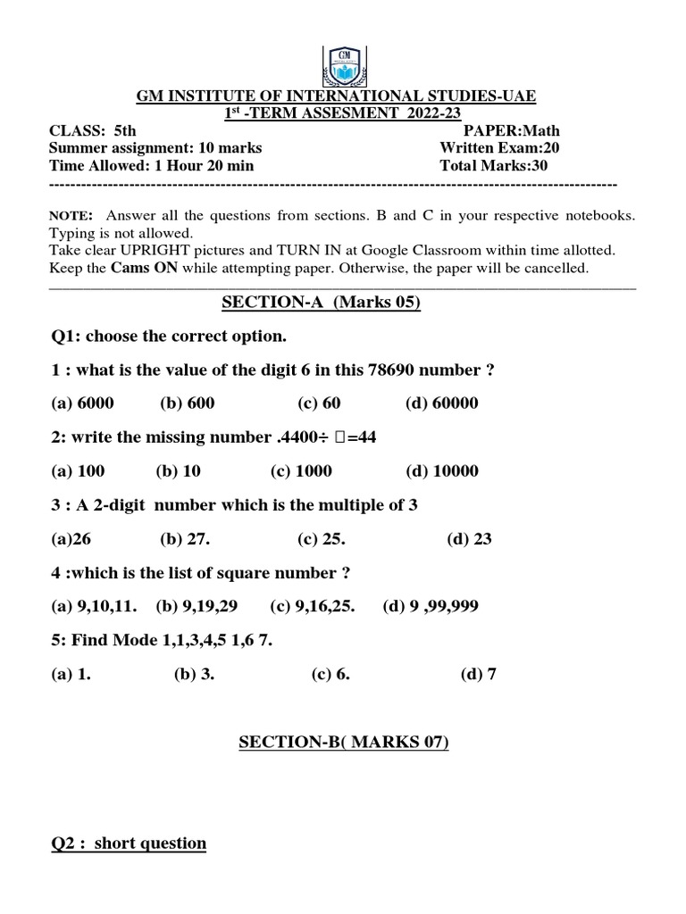 Paper Grade 5th Math | PDF | Numbers | Mathematics