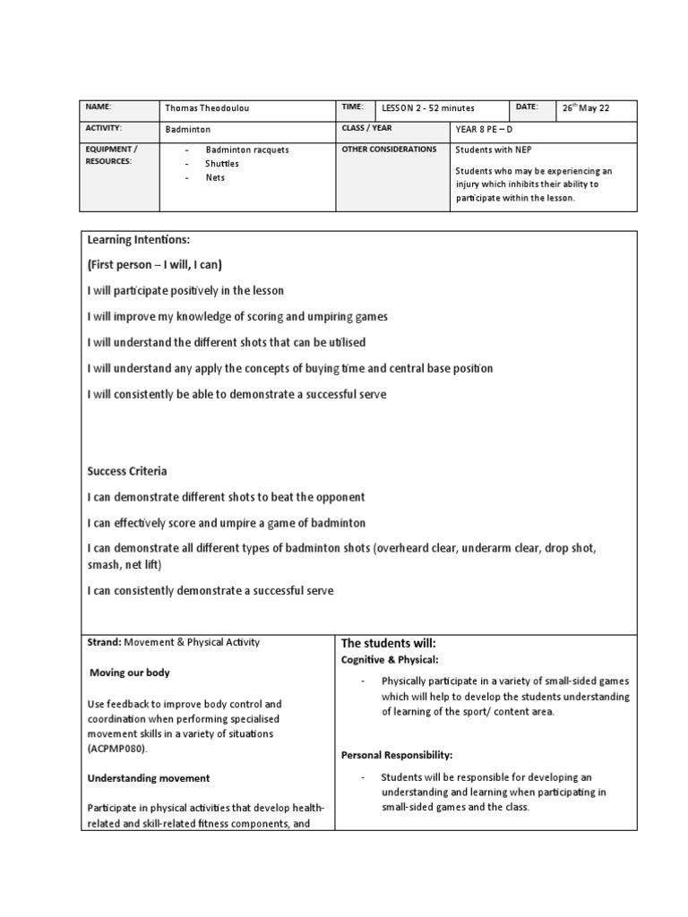 Year 8 PE Badminton Lesson Plan | PDF | Education Theory | Cognition