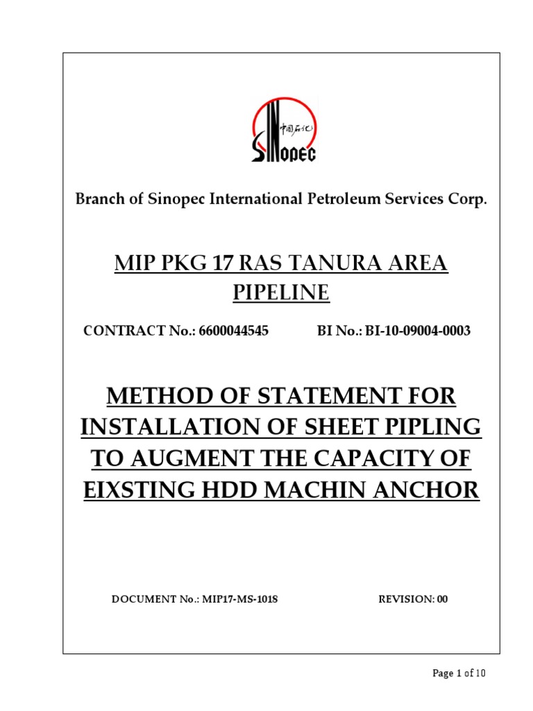 MIP17-MS-1018 Method Statement For Installation of Sheet Pipling - Rev.0 | PDF | Road | Deep ...