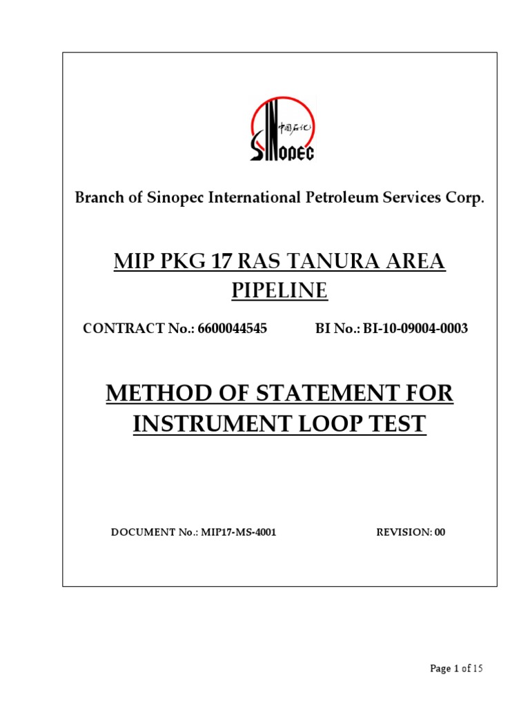 MIP17-MS-4001 Method Statement For Instrument Loop Test - Rev.0 | PDF MIP17-MS-4001 Method Statement For Instrument Loop Test - Rev.0 | PDF