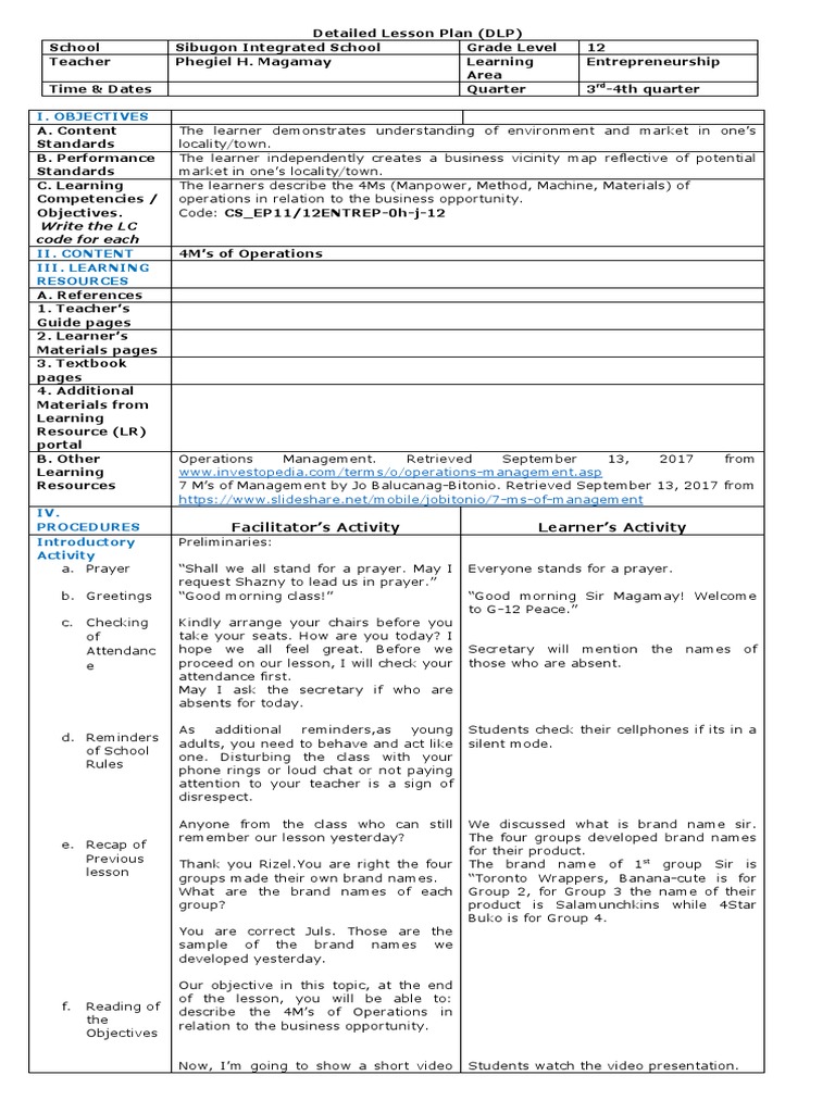 Demo DLP Entrep (Explicit) | PDF | Human Resources | Lesson Plan