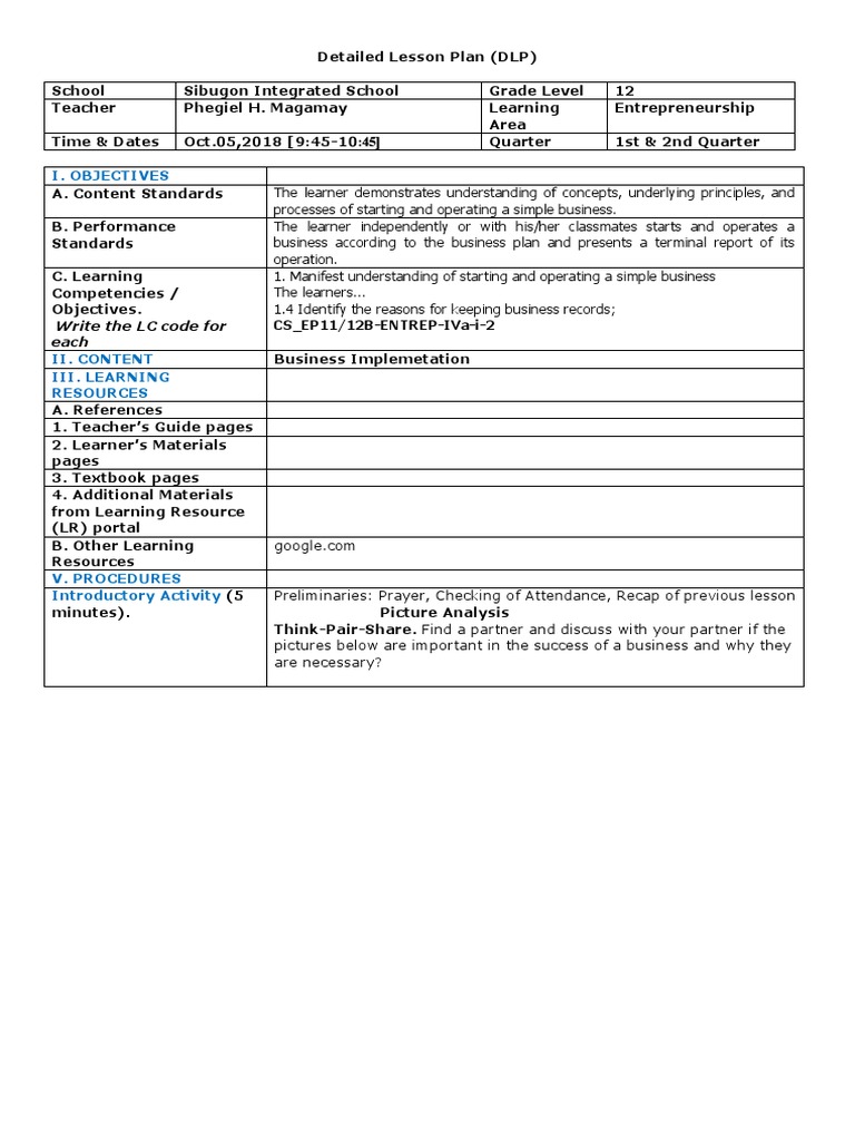 DLP Entrep Bookkeeping | PDF | Teaching Method | Learning