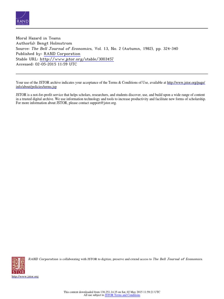 Holmstrom's Moral Hazard in Teams | PDF | Risk | Economics