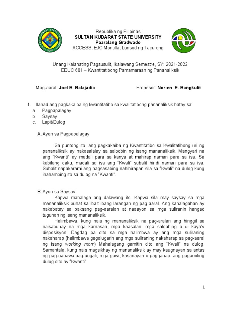 Unang Kalahating Pagsusulit - EDUC 601-Kwantitatibong Pamamaraan NG Pananaliksik | PDF