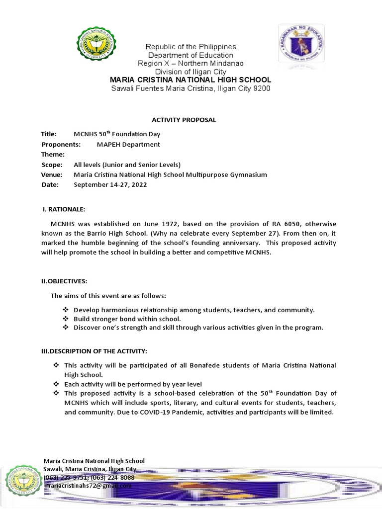 MCNHS 50th Foundation Day 2022 ACTIVITY - PROPOSAL | PDF