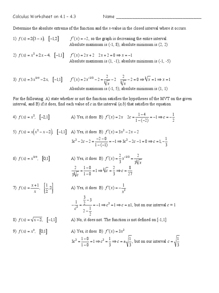Calculus Worksheet On 4.1-4.3 Solutions | PDF | Teaching Methods ...