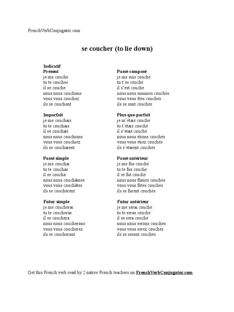 French Verb - Se Coucher | PDF | Typologie linguistique | Relations ...