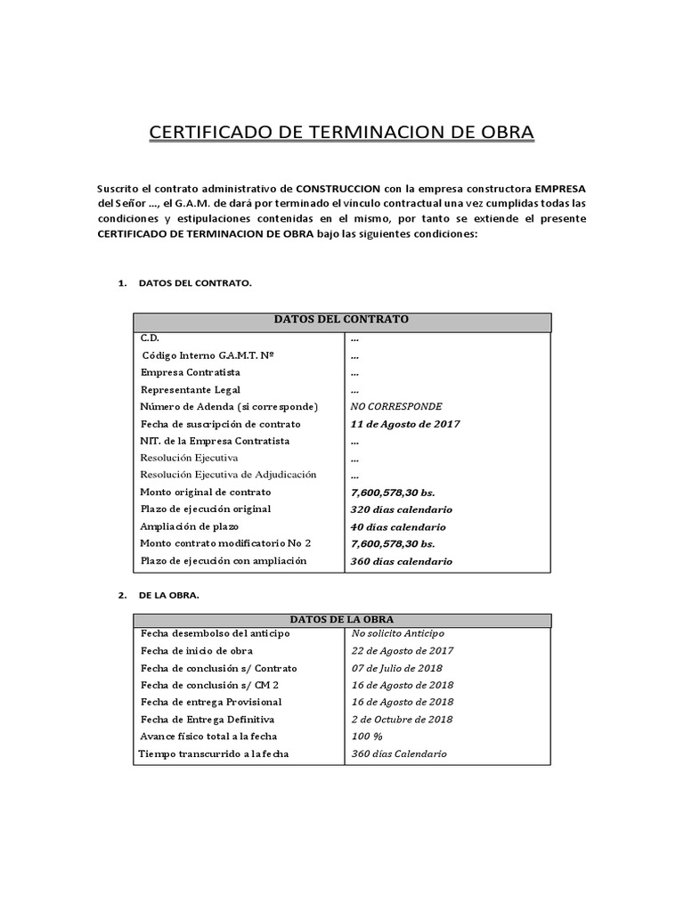 Ejemplo Certificado Terminacion de Obra | PDF