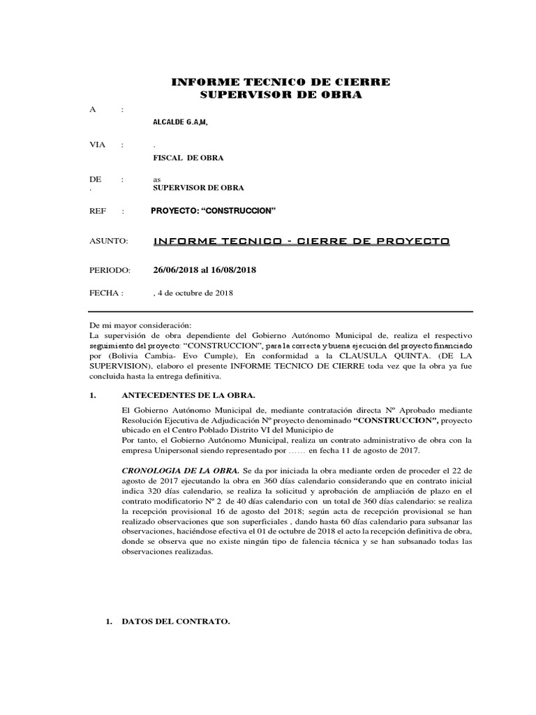 Ejemplo Informe Tecnico de Cierre | PDF | edificio | Materiales de construcción