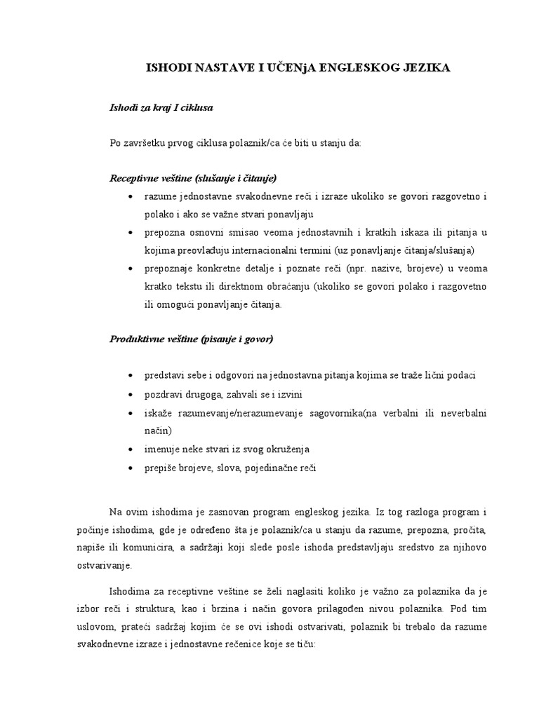 Ishodi Za Engleski Jezik | PDF