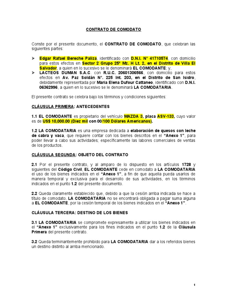 MODELO DE CONTRATO - Comodato. | PDF | Derecho contractual | Ley de obligaciones